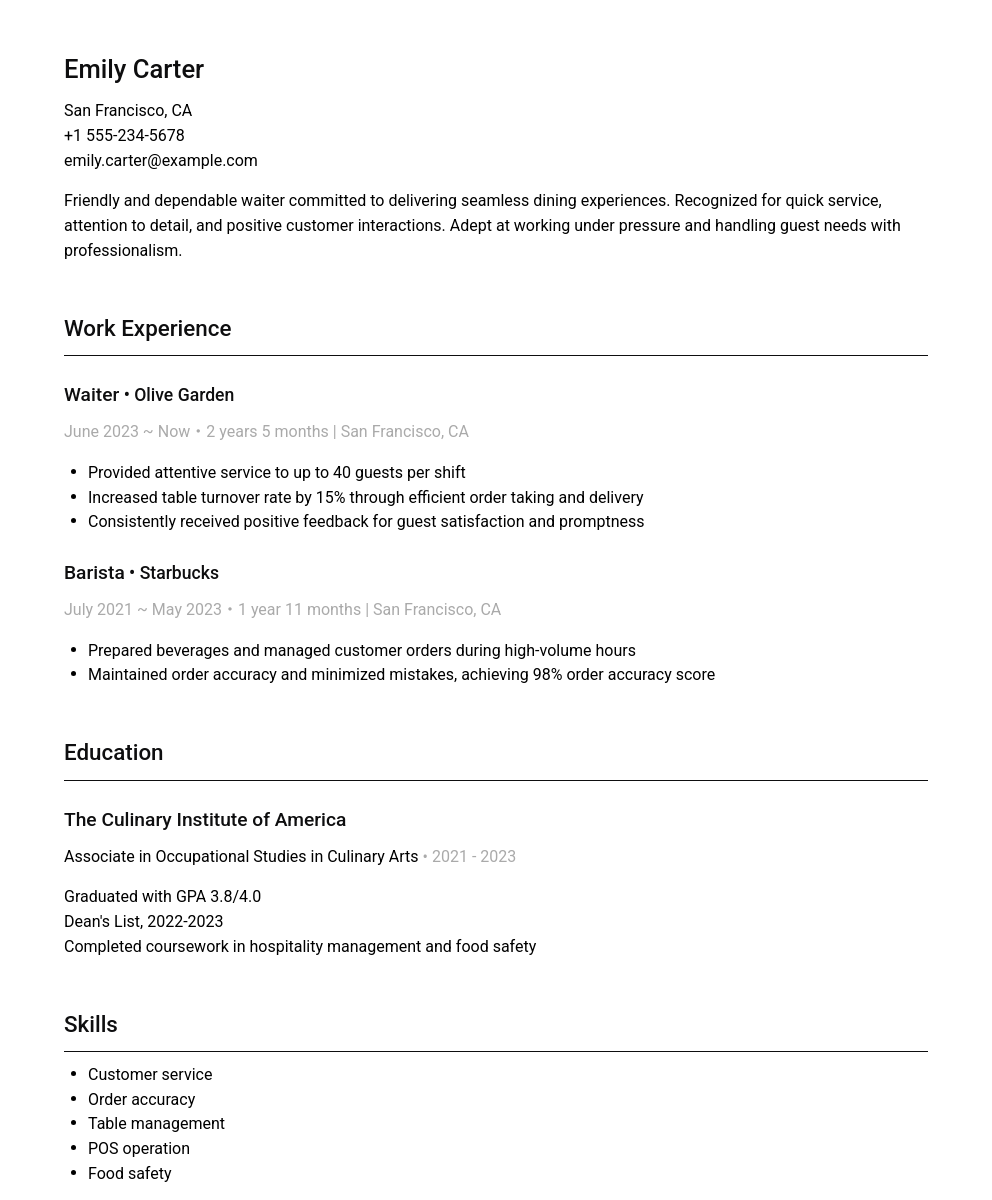 Waiter Resume Examples (2025 Guide) | Cake