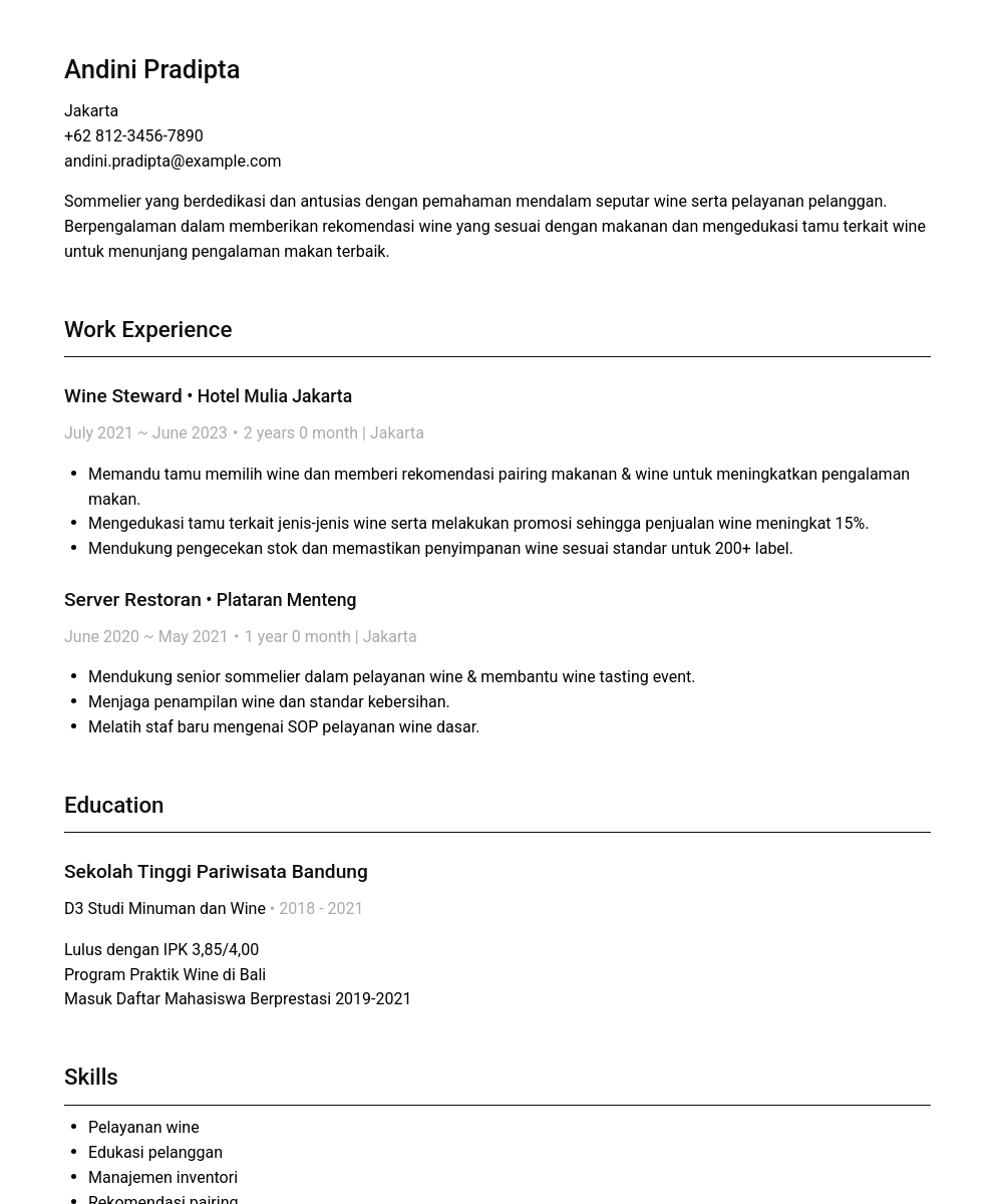 Contoh CV Sommelier Profesional (2025) | Cake